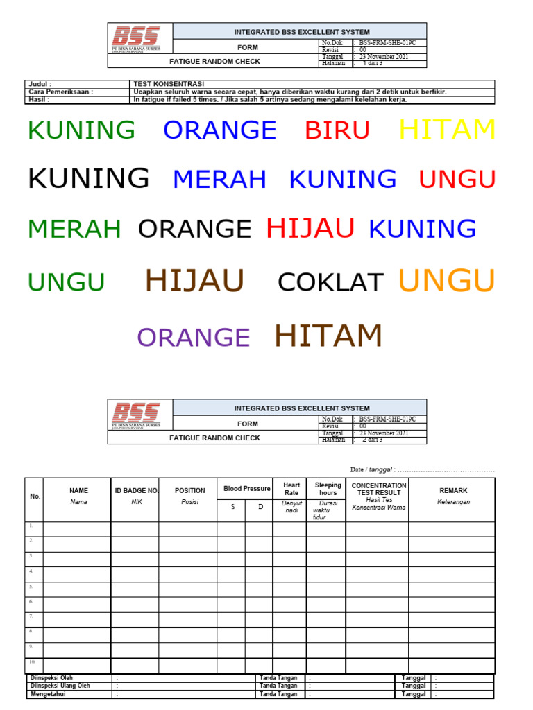 Pemeriksaan Kelelahan Kerja BSS | PDF