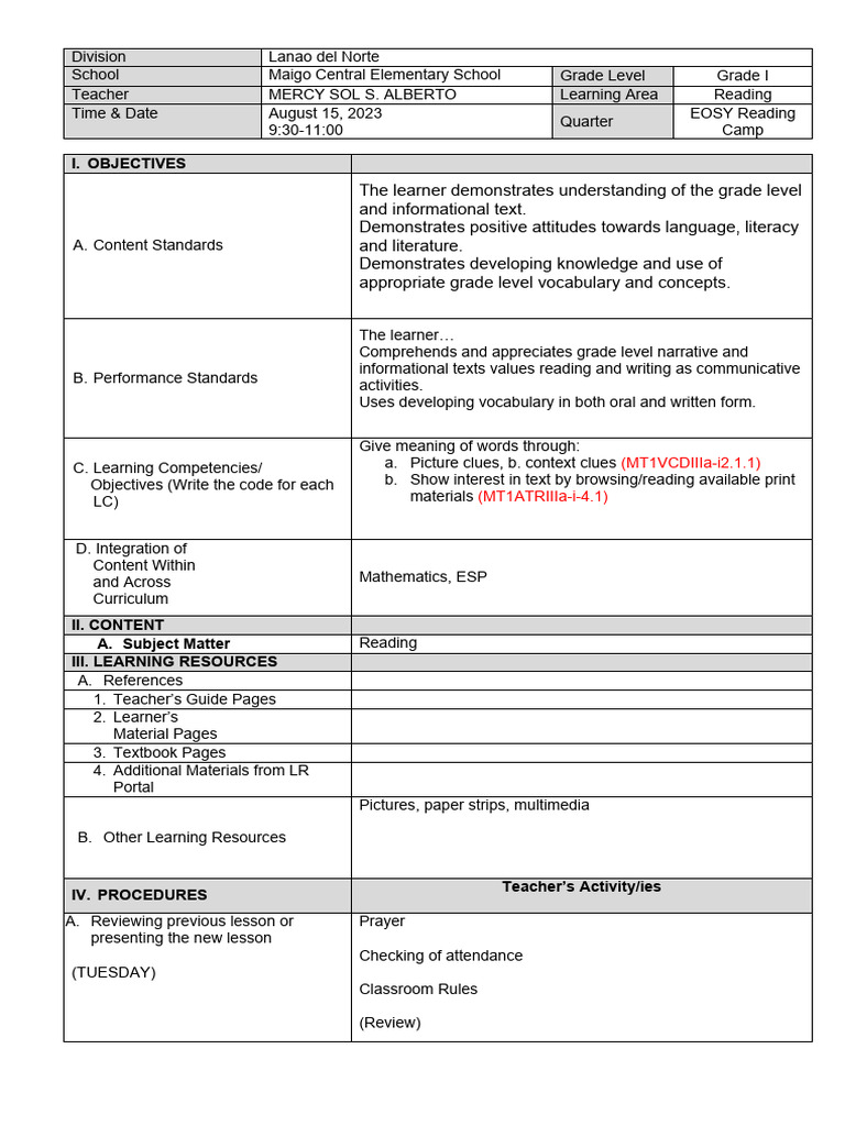 Demonstration Teaching For NLC Short E Sound With Attendance | Download Free PDF | Human ...
