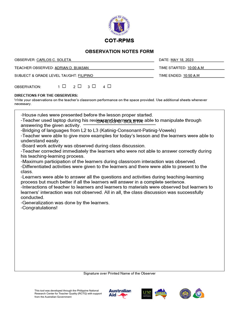 Appendix C 08 Cot Rpms Observation Notes Form Pdf