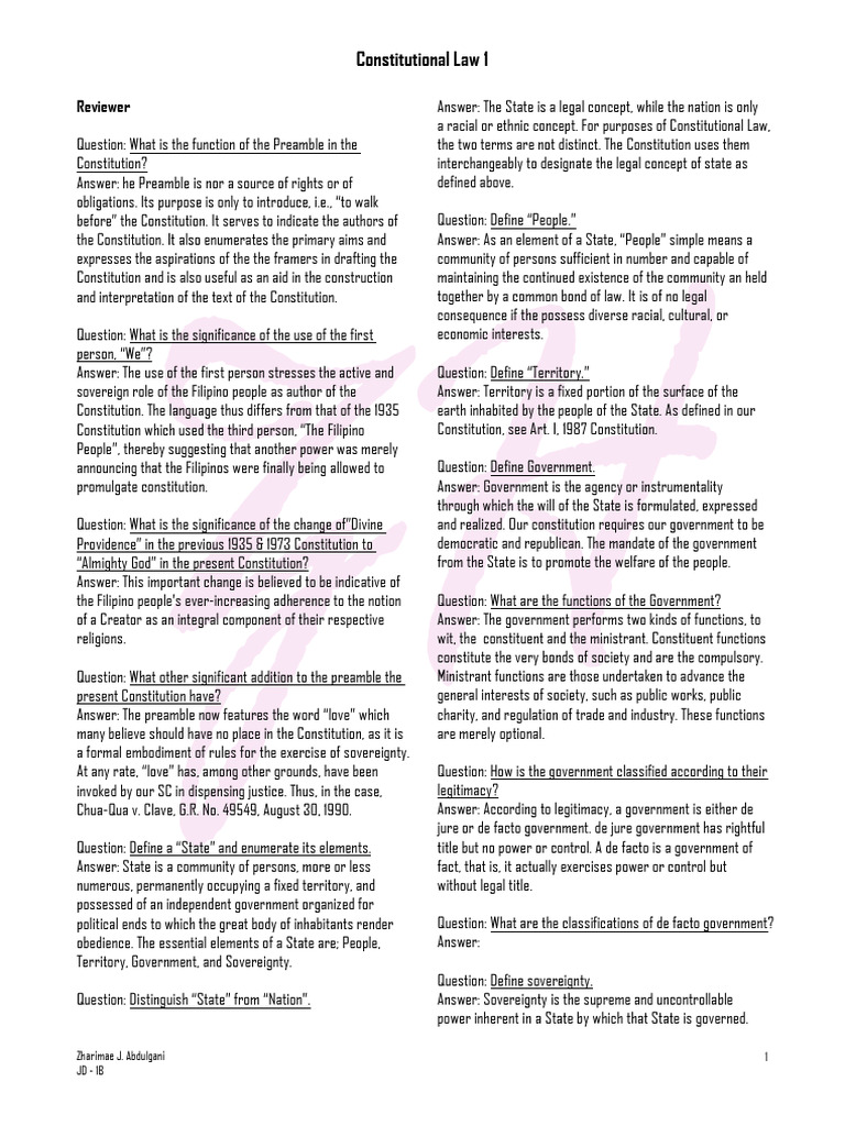 Constitutional Law 1 - Reviewer | PDF | Sovereignty | Constitution