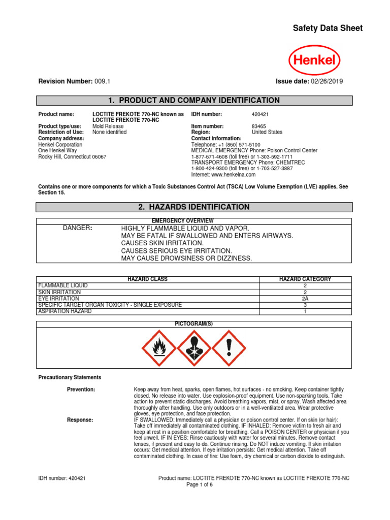 Loctite Frekote 770-NC | PDF | Dangerous Goods | Firefighting