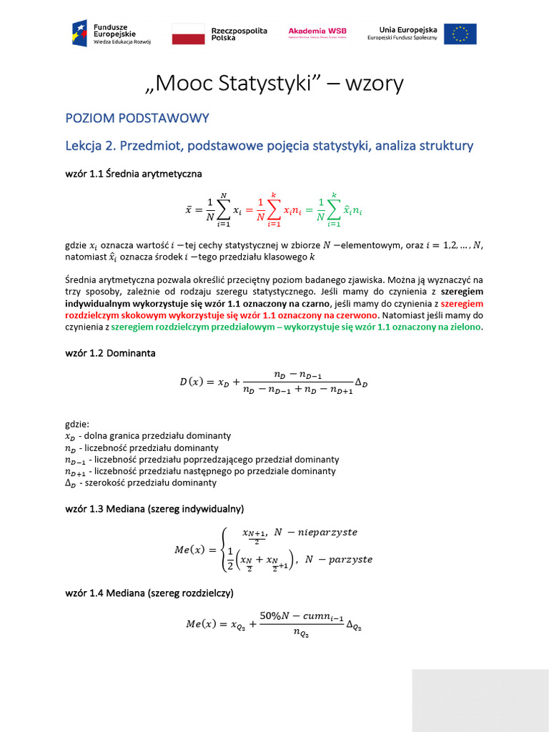 Mooc Statystyki - Wzory | PDF
