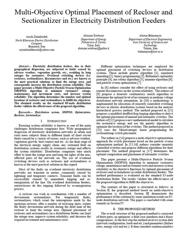 Multi-Objective Optimal Placement of Recloser and Sectionalizer in Electricity Distribution ...