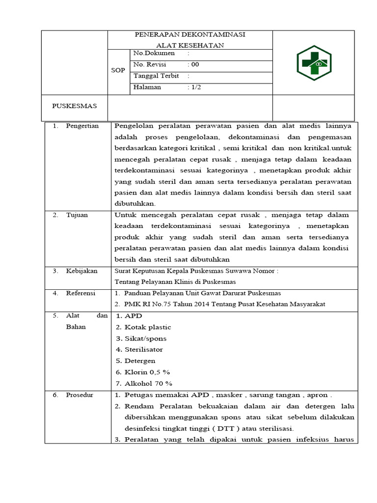 SOP Dekontaminasi Alat Medis Puskesmas | PDF