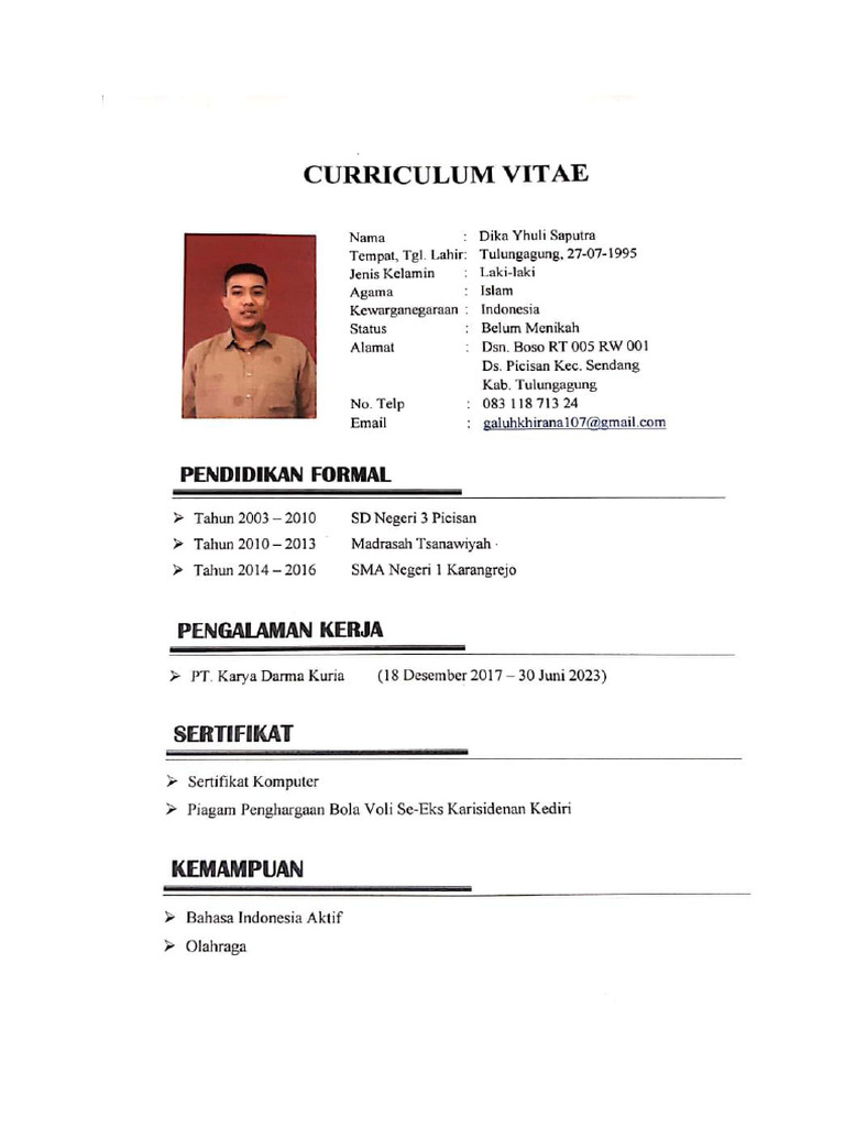 CV Dan Lampiran Dika Yhuli Saputra | PDF
