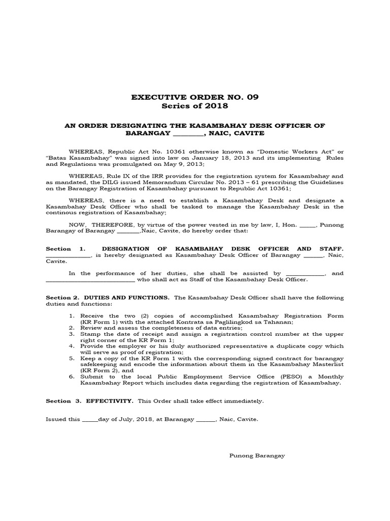 EO No. 009-2018 KASAMBAHAY DESK OFFICER | PDF | Governance | Justice