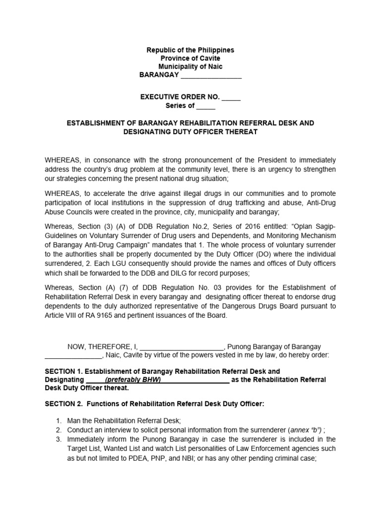 EO No. 019 - 2018 Barangay Referral and Rehabilitation Desk | PDF | Substance Abuse | Crimes