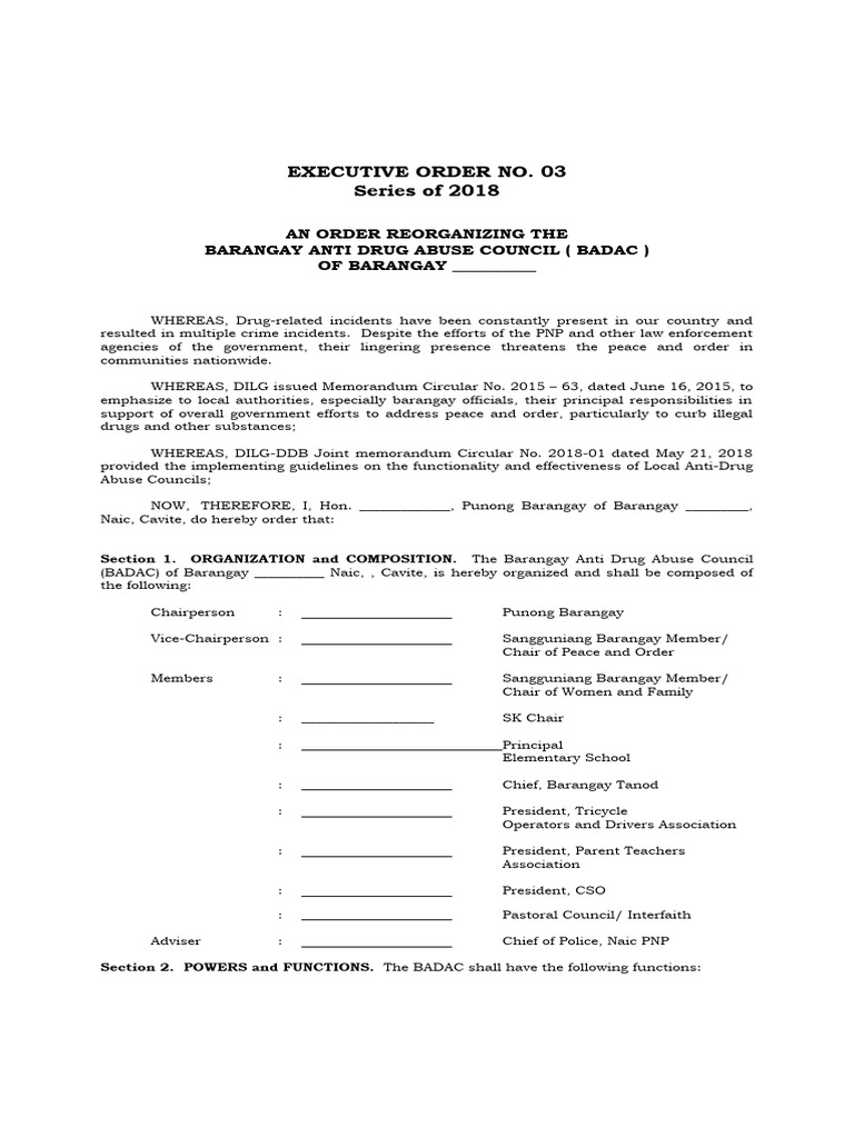 EO No. 003 - 2018 REORGANIZATION OF BADAC | PDF | Substance Abuse | Government