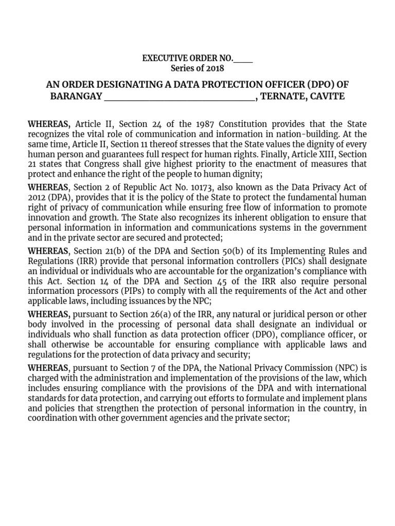 Eo Designating Data Protection Officer Barangay | PDF | Regulatory ...