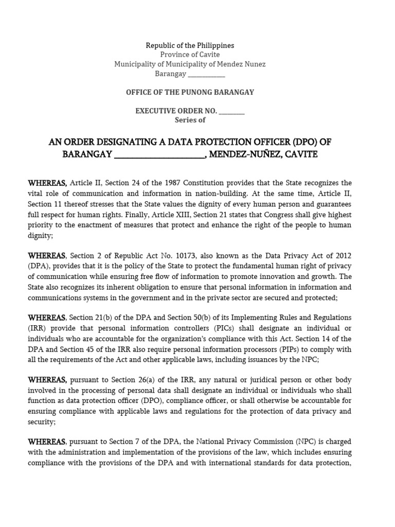 Eo Designating Data Protection Officer Barangay | PDF | Regulatory ...