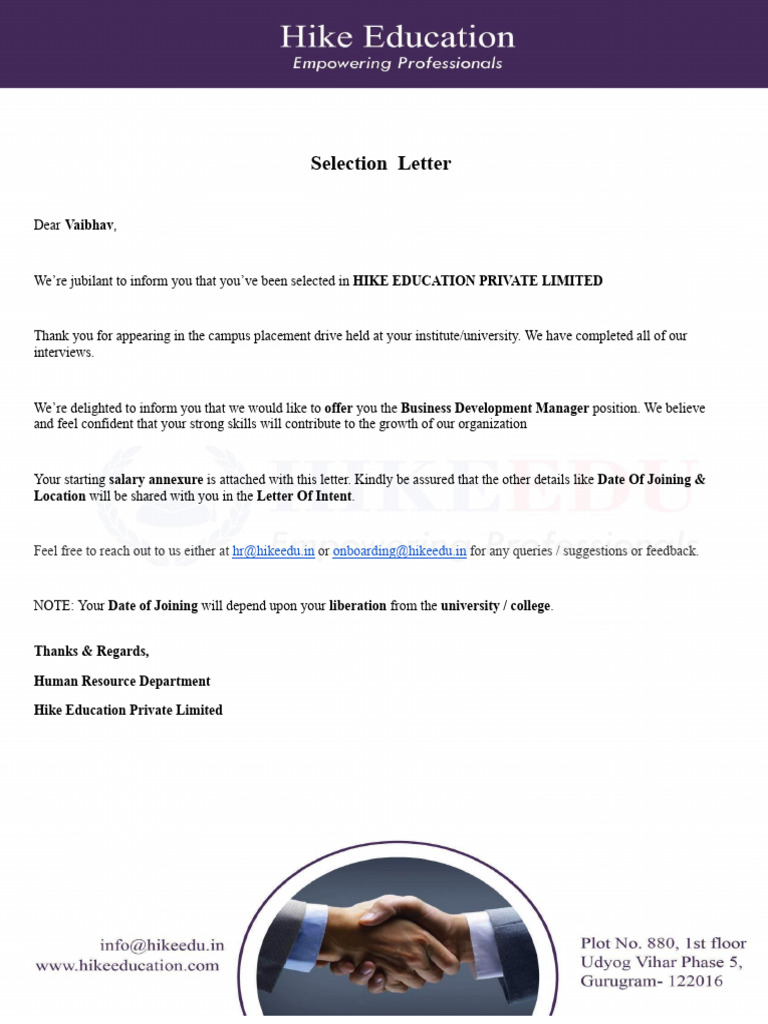 Vaibhav Tyagi - Selection Letter | PDF | Economies