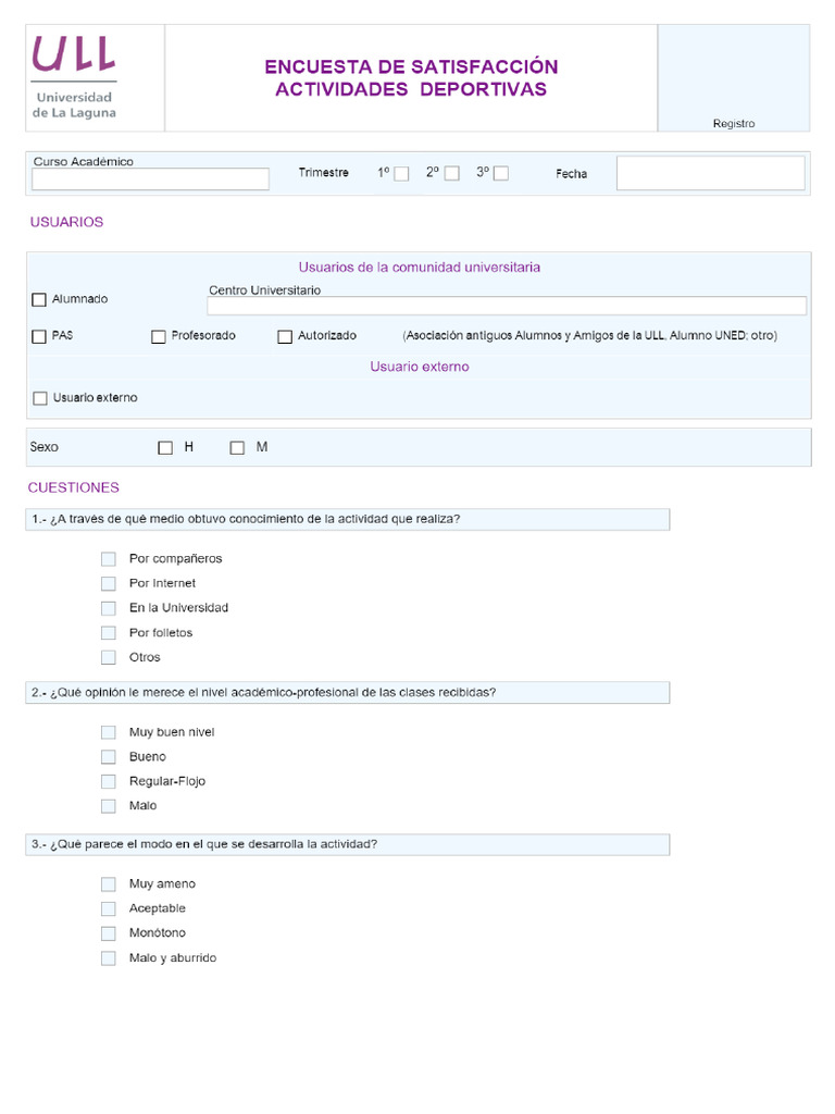 Encuesta de Satisfacción Actividades Deportivas | PDF