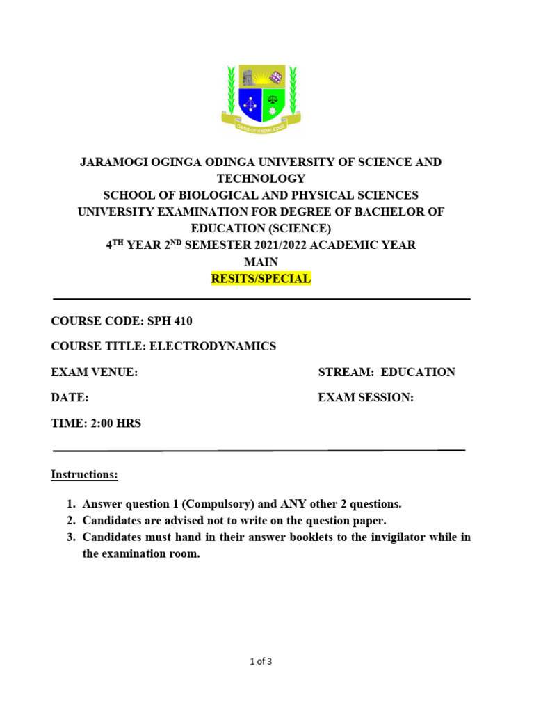 Jooust SPH 410 - Electrodynamics | PDF | Electric Field | Magnetic Field
