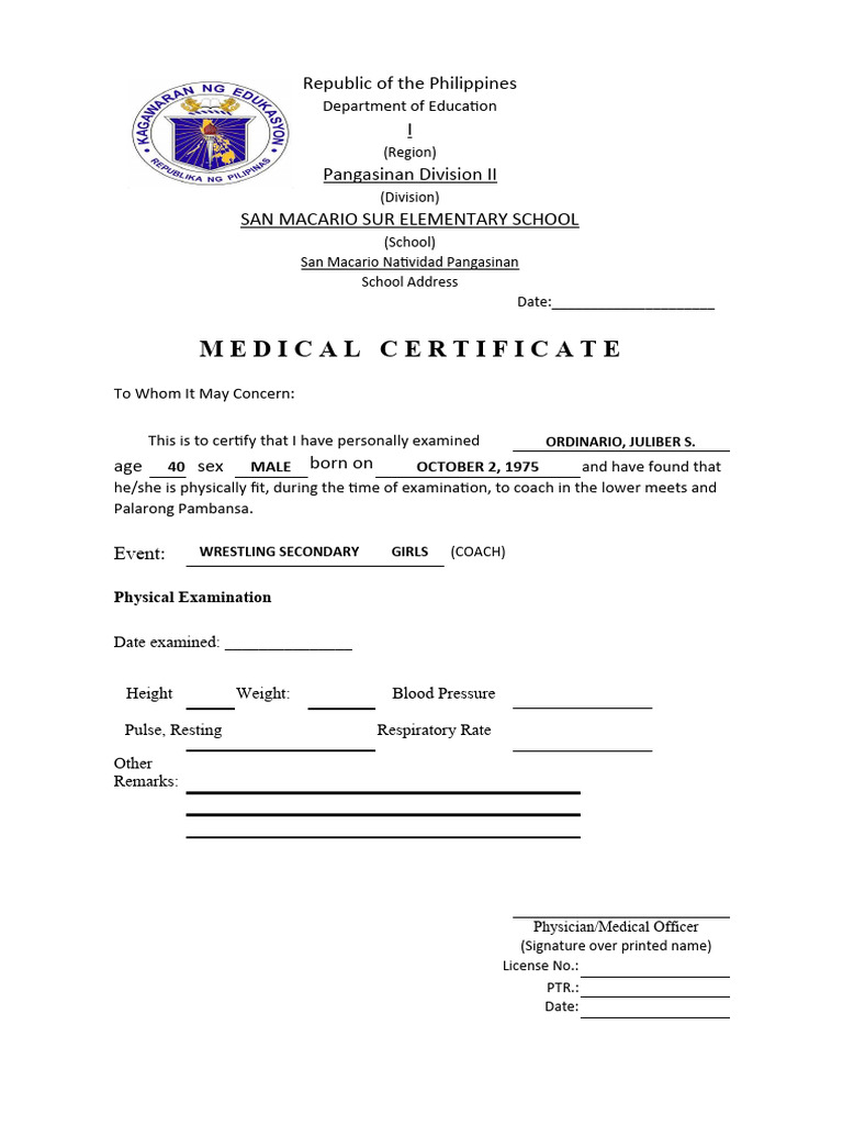 4 - Medical Certificate | PDF | Physical Examination | Physician
