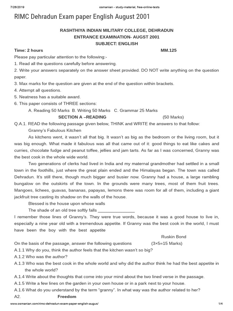 RIMC English August 2001 Paper | PDF | Foods