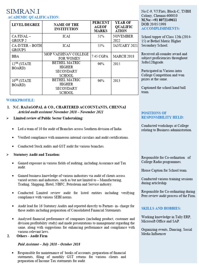 Resume Simran | PDF | Audit | Taxes