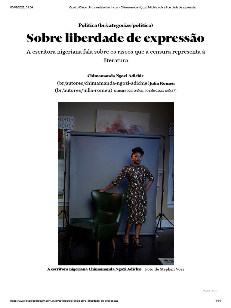 Quatro Cinco Um - A Revista Dos Livros - Chimamanda Ngozi Adichie Sobre Liberdade de Expressão ...