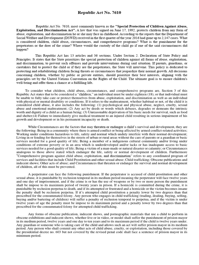 Republic Act No 7610 | PDF | Child Abuse | Justice