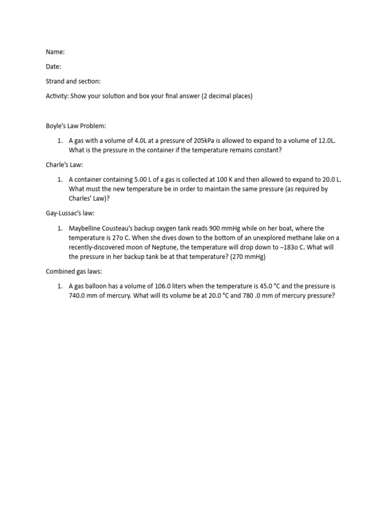 Gas Laws Problem Set and Solutions | PDF | Science & Mathematics ...