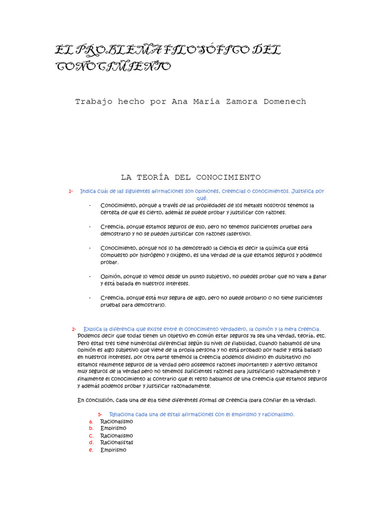 El Problema Filosófico Del Conocimiento: Trabajo Hecho Por Ana María Zamora Domenech | PDF ...