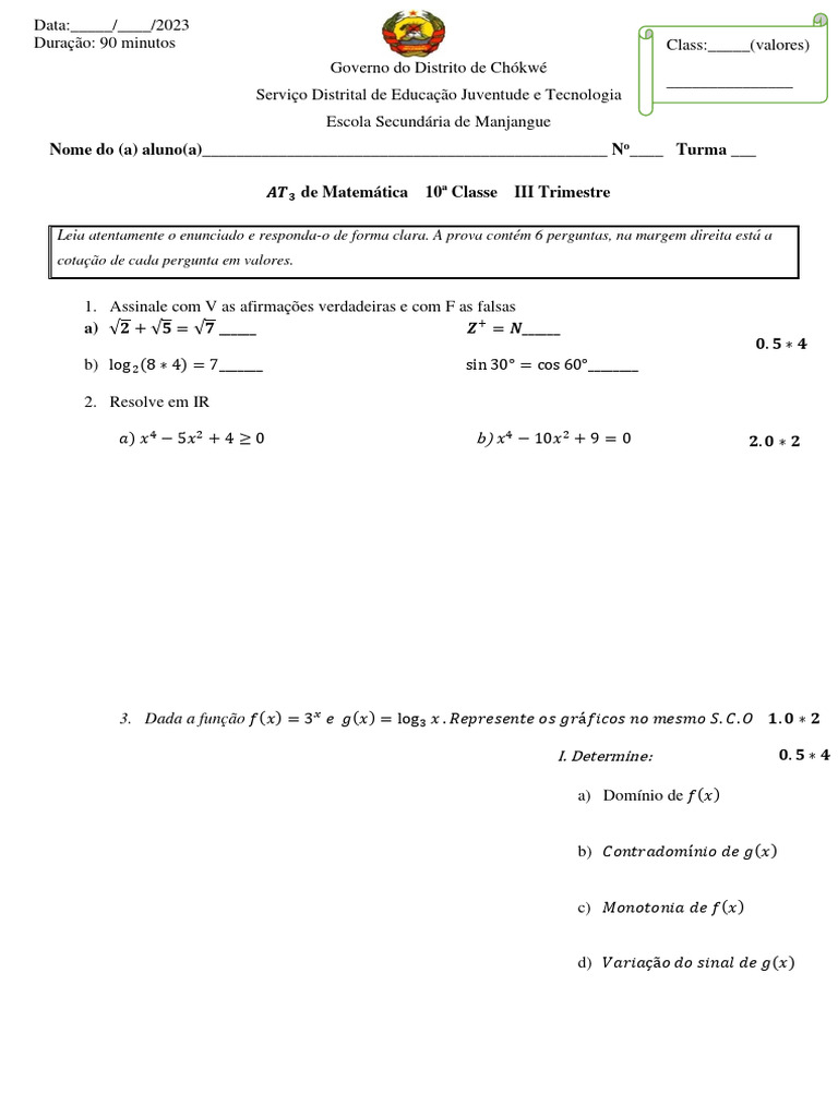 Teste Final de Mat 10 Classe PDF | PDF | Matemática