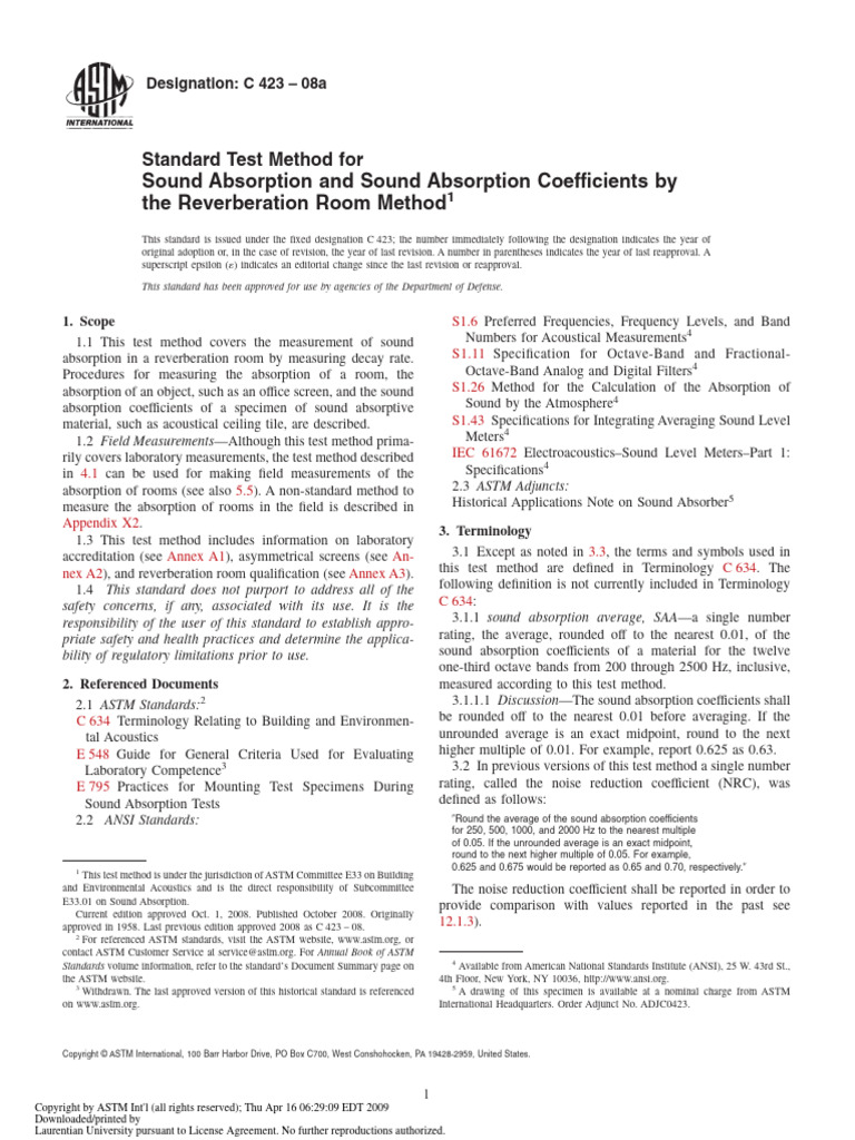ASTM C423 - 08a | PDF | Acoustics | Classical Mechanics