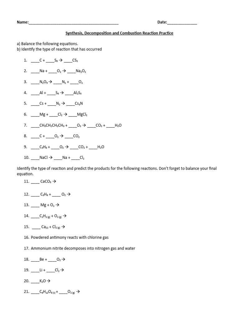 Types of Reactions Practice Worksheet | PDF | Chemical Reactions | Chlorine