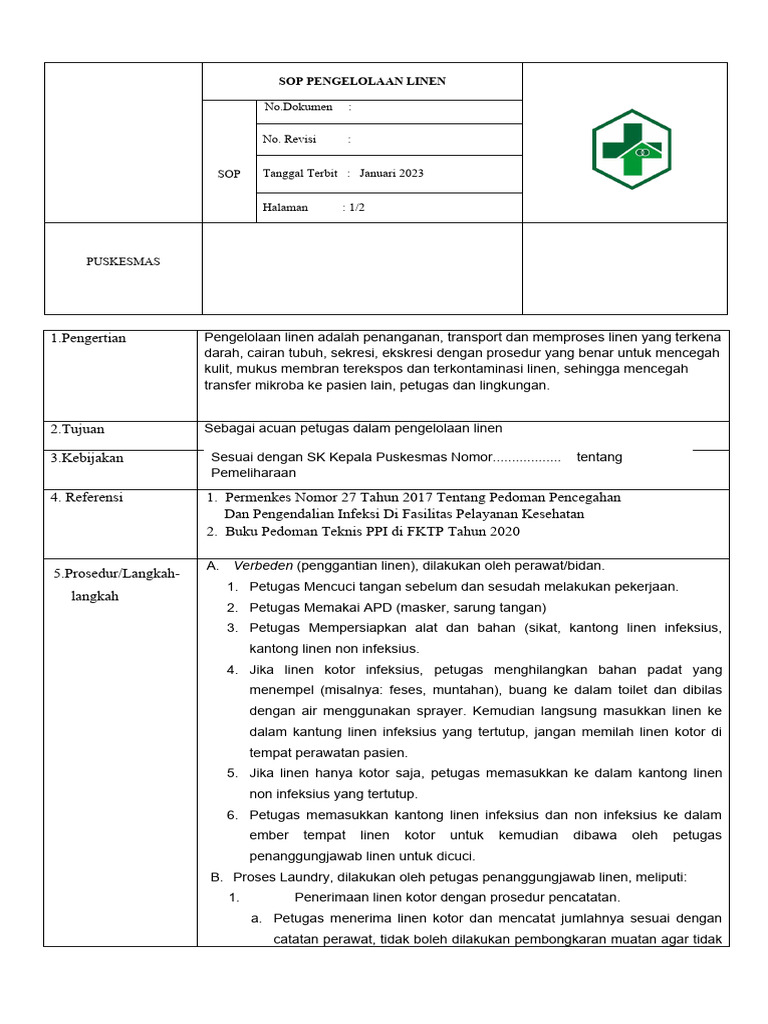 Sop Pengelolaan Linen | PDF