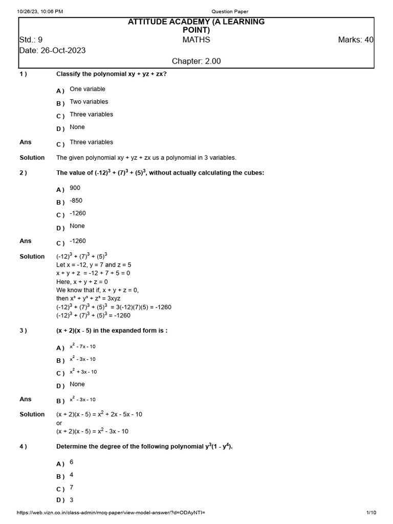 Polynomials MCQ | PDF