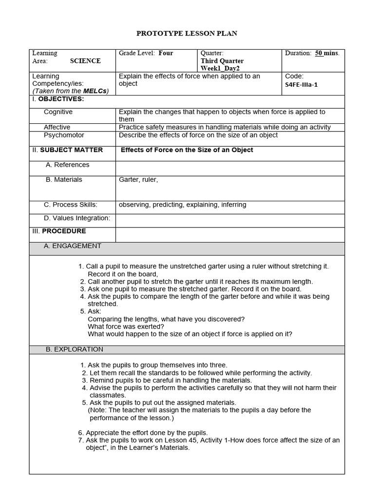 Lesson Plan-Effects of Force On The Size of An Object | PDF | Force | Learning