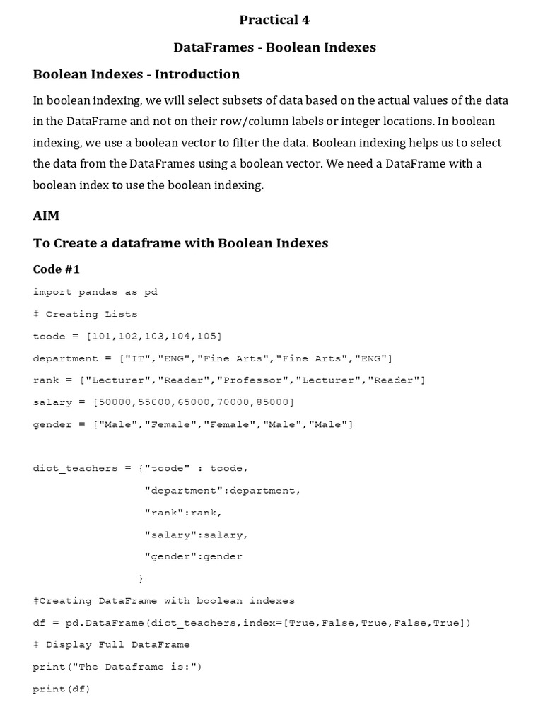 Practical 4 Data Frames - Boolean Indexes | PDF | Boolean Data Type | Lecturer