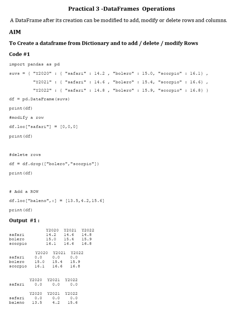 Practical 3 Data Frames - Add Delete Rows & Columns | PDF | Computing | Computer Data