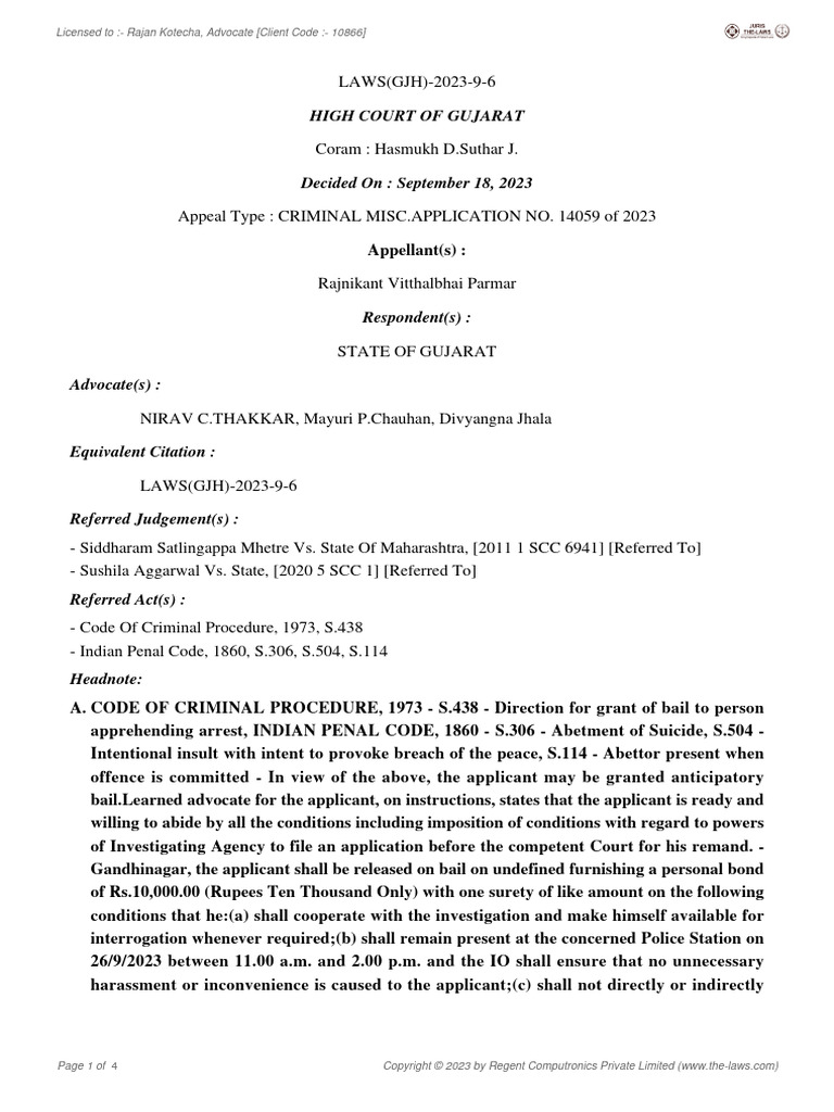 CRPC 438 Ipc 306, 504 Etc | PDF | Bail | Crimes