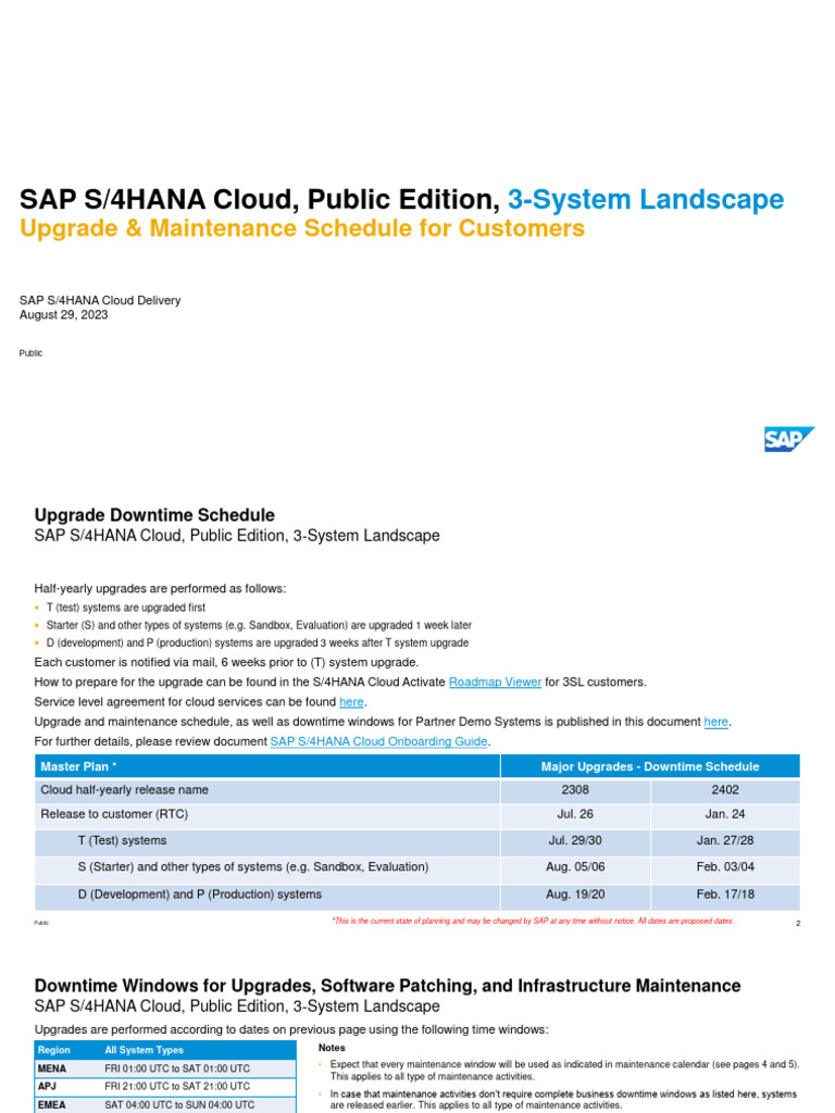SAP S - 4HANA Cloud, Public Edition, 3-System Landscape - Upgrade & Maintenance Schedule ...