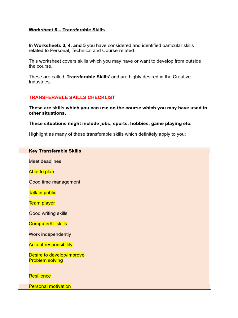 Worksheet 6 Transferable Skills | PDF | Creativity | Skill