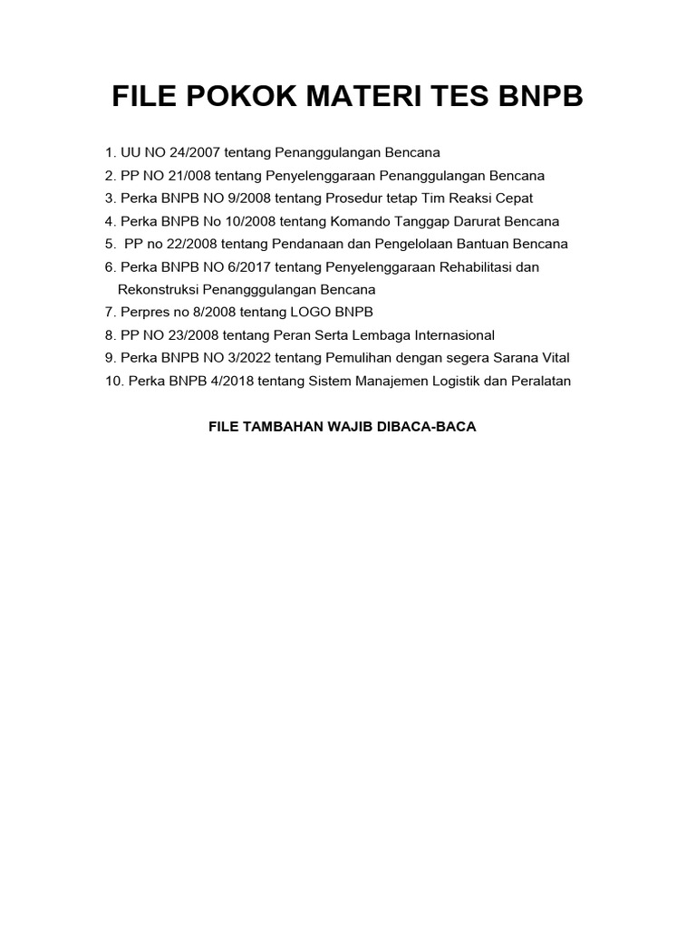 Materi Tes Resmi BNPB dan Regulasi Bencana | PDF