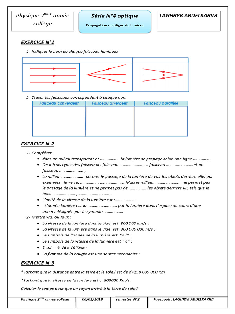 Exercices sur la propagation de la lumière | PDF