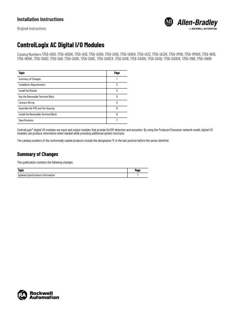 Controllogix Ac Digital I/O Modules: Installation Instructions | PDF ...