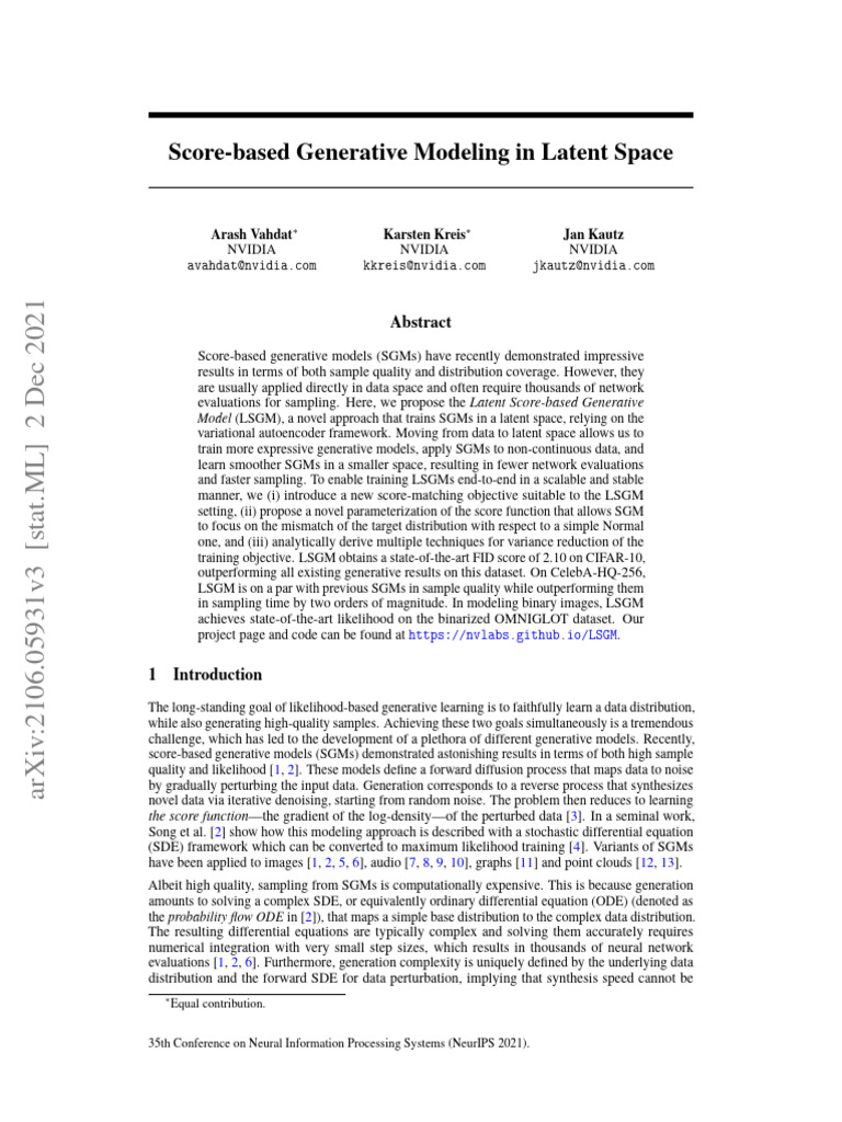 Score-based Generative Modeling in Latent Space | PDF | Stochastic Differential Equation ...