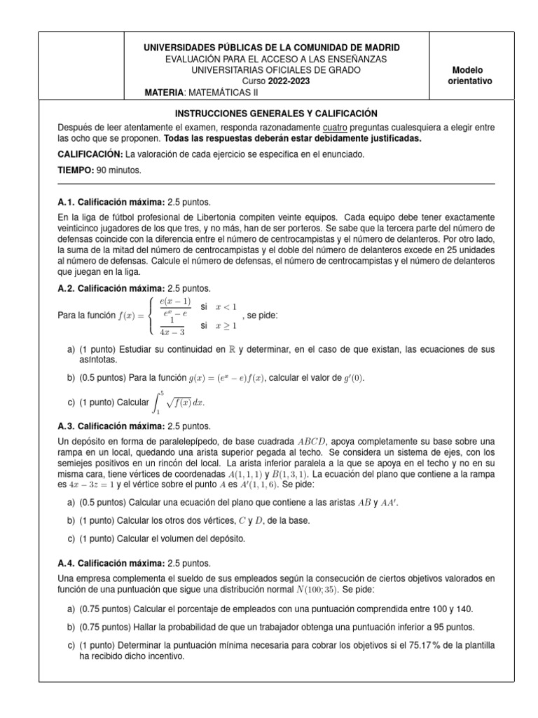 Examen EVAU Madrid Matemáticas II 2022-2023 Modelo | PDF
