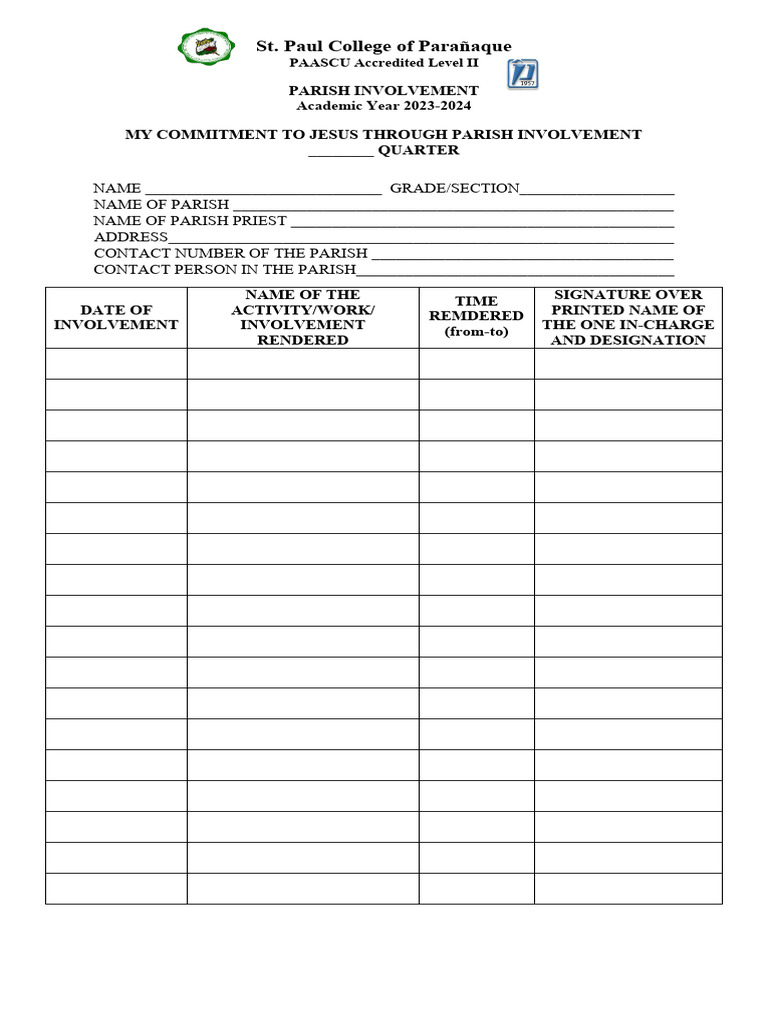 Parish Involvement Sheet | PDF