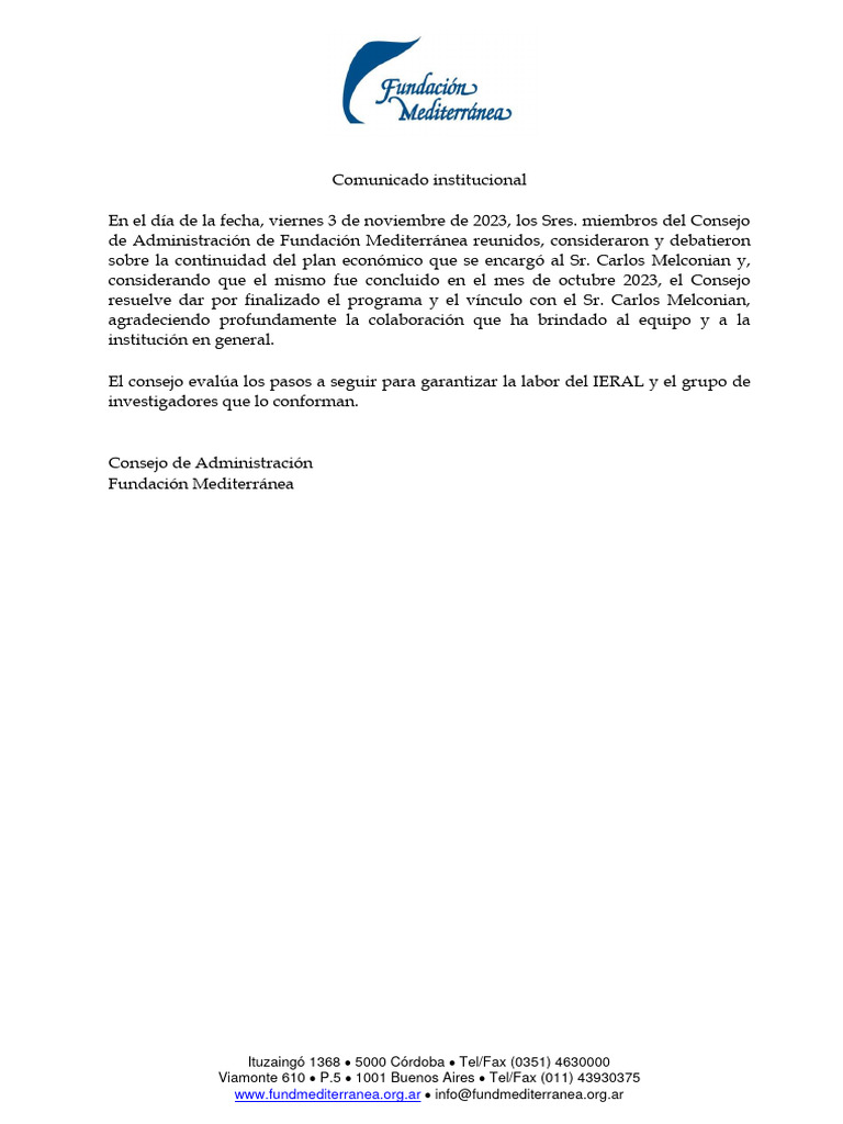 Comunicado de La Fundación Mediterránea | PDF