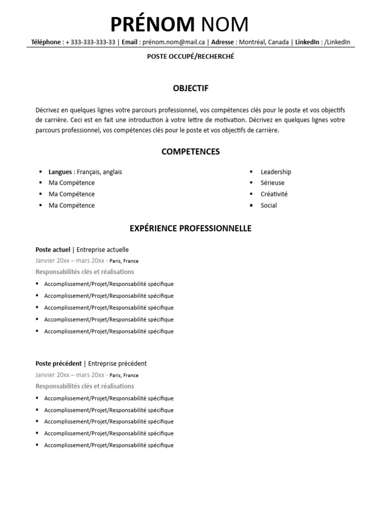 Modèle de CV Canadien Gratuit | PDF | LinkedIn | Canada