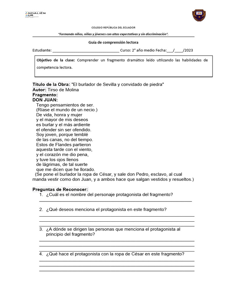 Guía de Comprensión Lectora: Don Juan | PDF | Don Juan