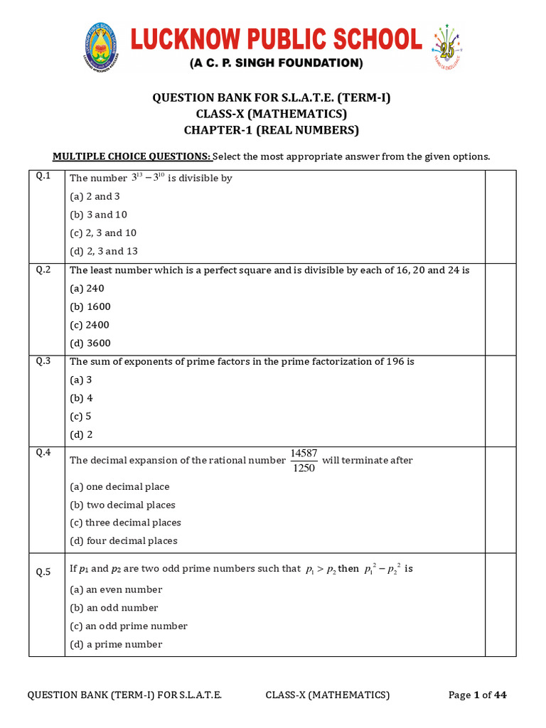 Class X Maths QP Term-I For Slate | PDF | Numbers | Prime Number