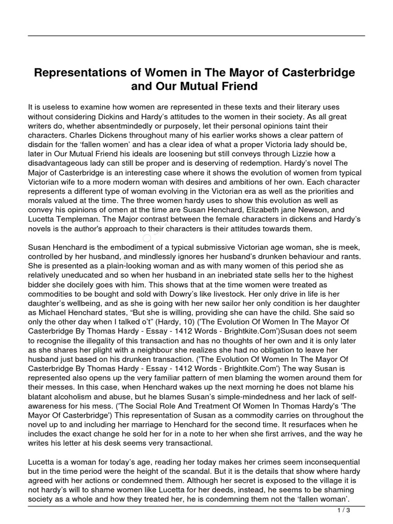 Representations of Women in The Mayor of Casterbridge and Our Mutual ...