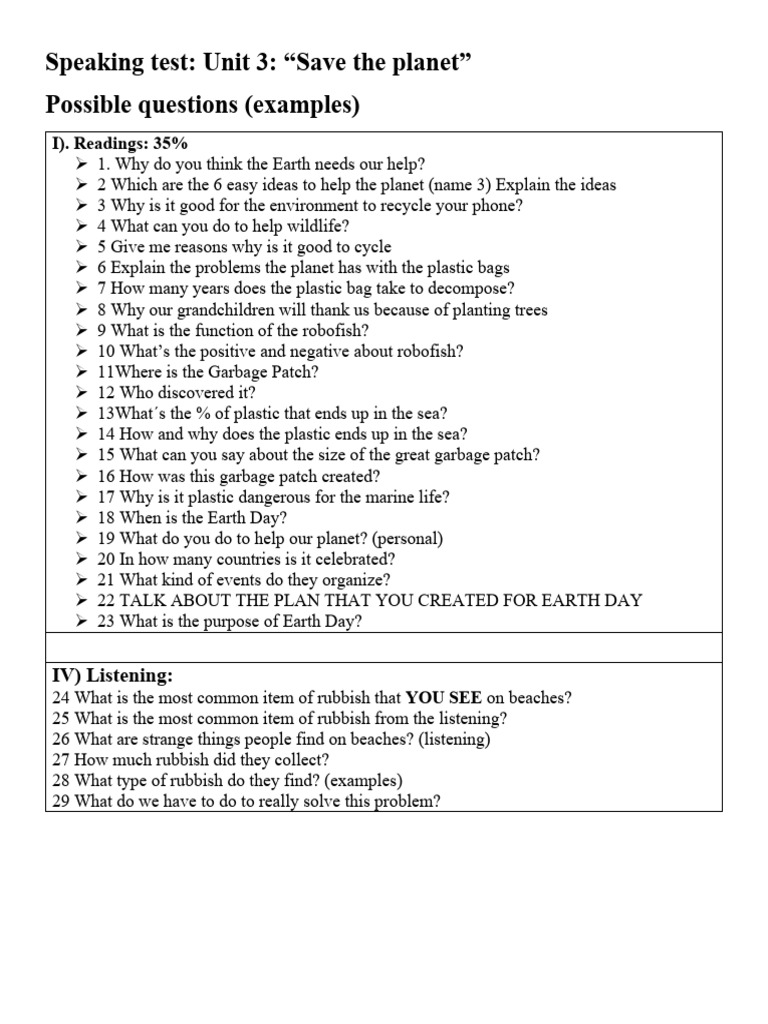 Speaking Test 1ero Medio | PDF | Vocabulary | Plastic