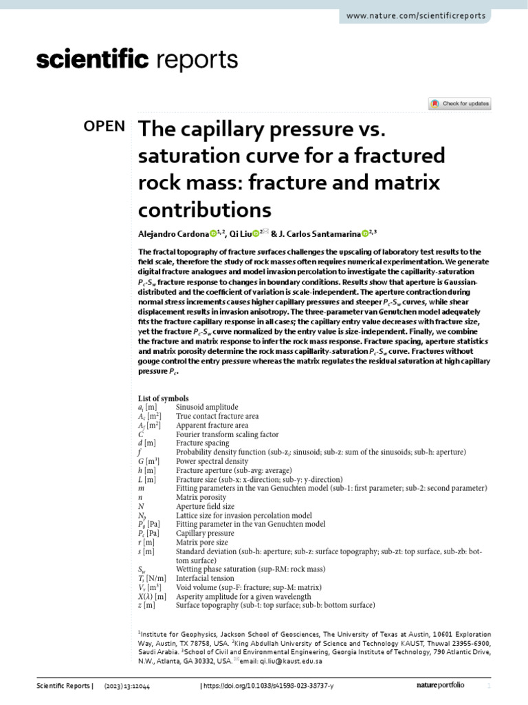 The Capillary Pressure vs. Saturation Curve For A Fractured Rock Mass ...