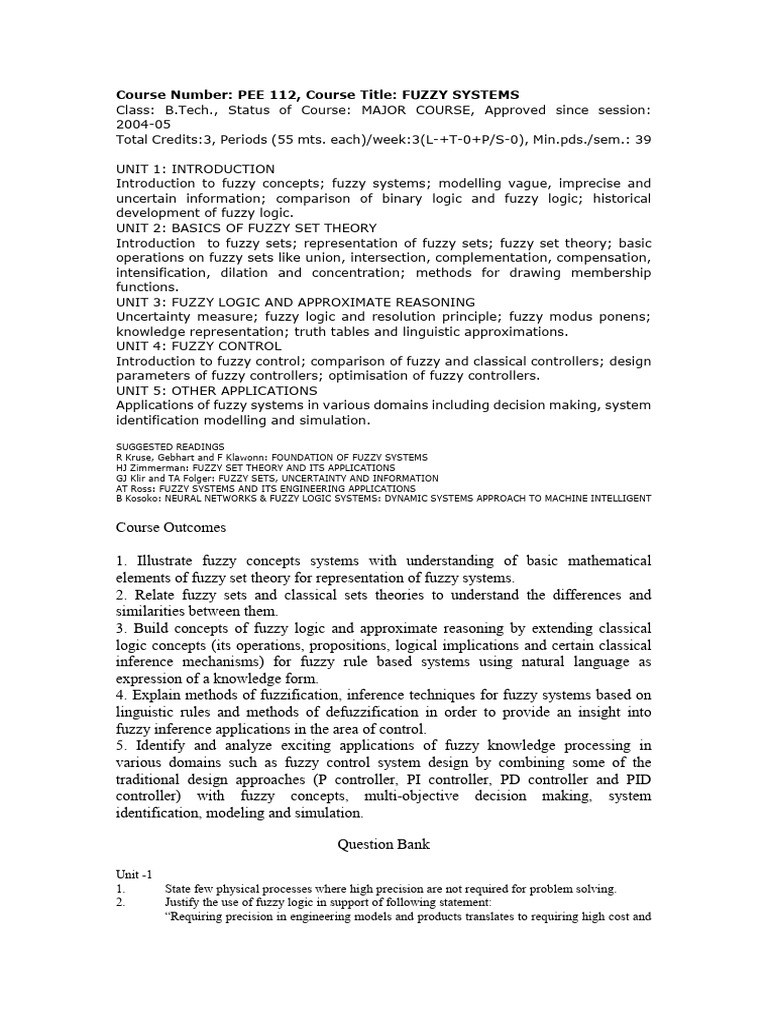 EEM 724 and PEE 112 QB Fuzzy Systems | PDF | Teaching Methods & Materials