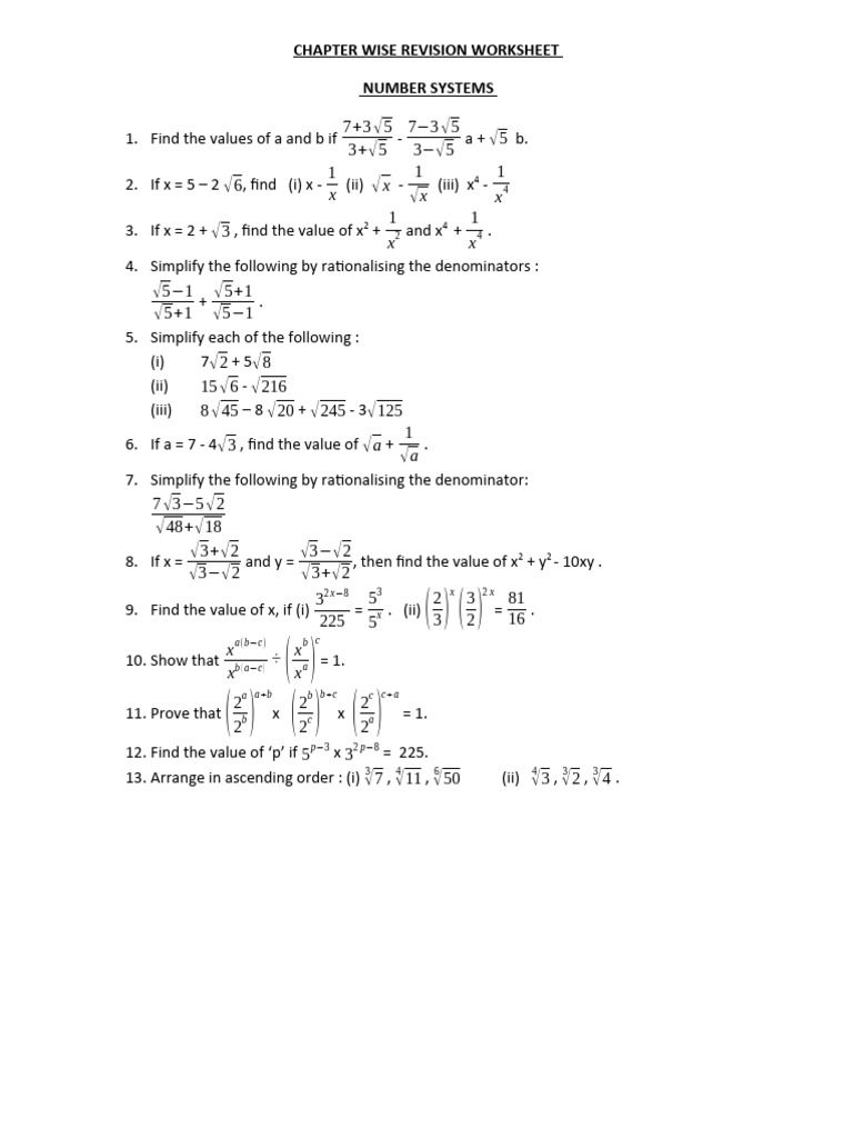 Number Systems Revision Worksheet | PDF